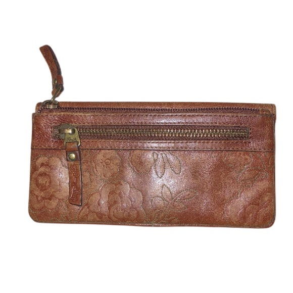 Fossil | Bags | Vtg 9s Brown Leather Floral Fossil Womens Wallet Clutch ...